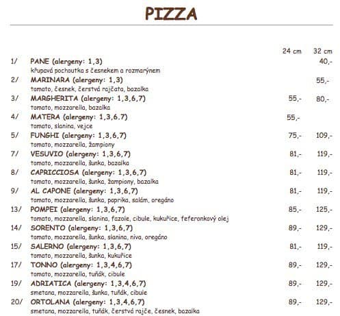 Menu at Pizza Porta Via restaurant, Říčany