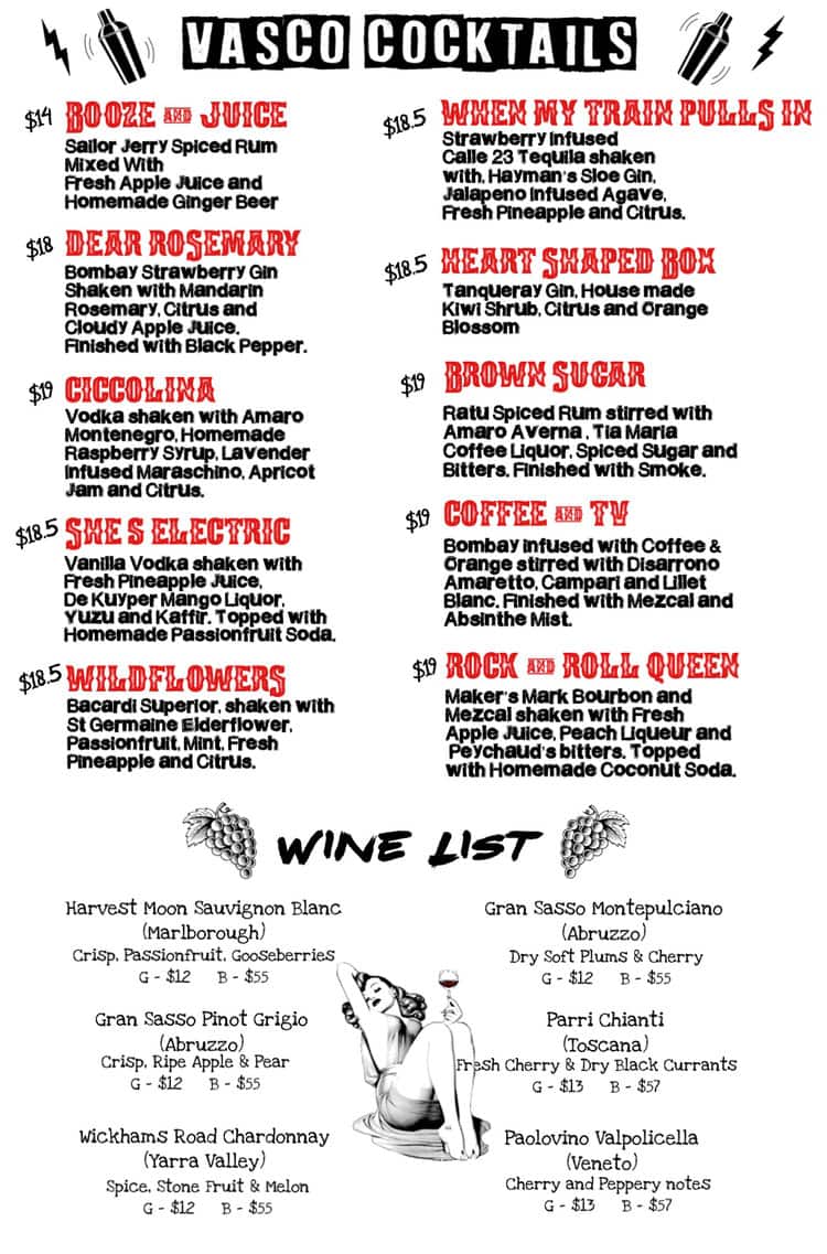 Menu at Vasco restaurant, Surry Hills