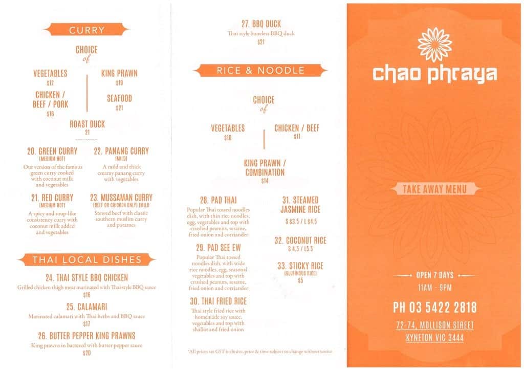 Menu at Chao Phraya (Order Online) restaurant, Kyneton