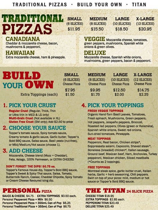 Menu at Topper's Pizza pizzeria, Orangeville