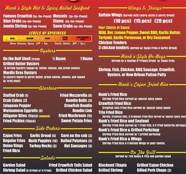 Menu at Hank's Crawfish restaurant, Houston, 156 FM 1960 J