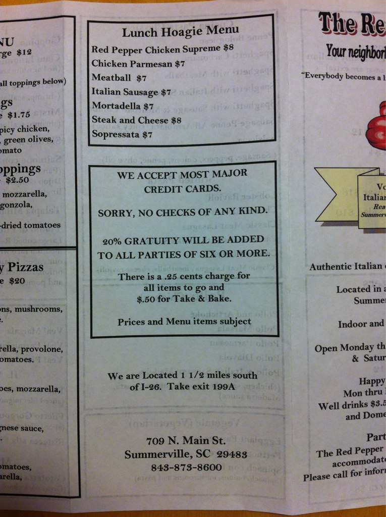 Menu at The Red Pepper - An Italian Eatery pub & bar, Summerville