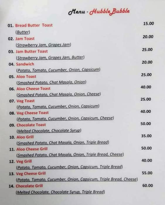 Menu of Hubble Bubble, Mahim, Mumbai
