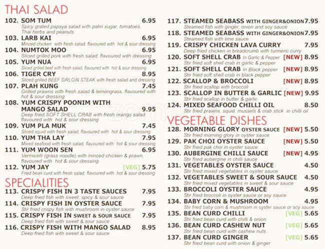 Menu at Pin-Petch restaurant, London