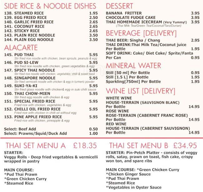 Menu at Pin-Petch restaurant, London