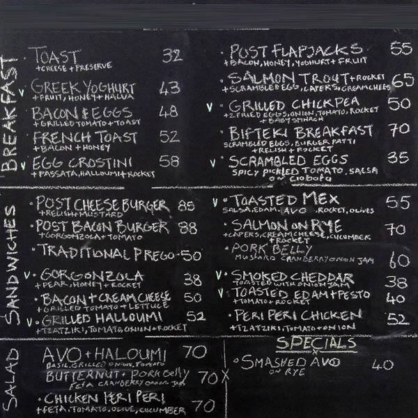Menu at POST breakfast lunch restaurant, Johannesburg