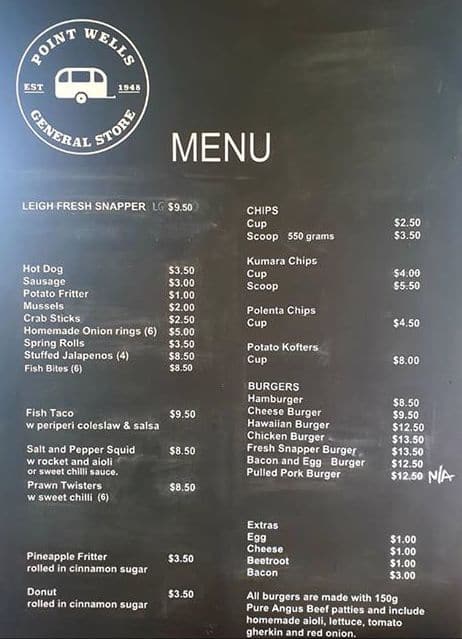 Menu at Point Wells Store fast food, Warkworth