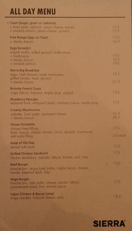 Menu at Sierra Coffee The Base cafe, Hamilton