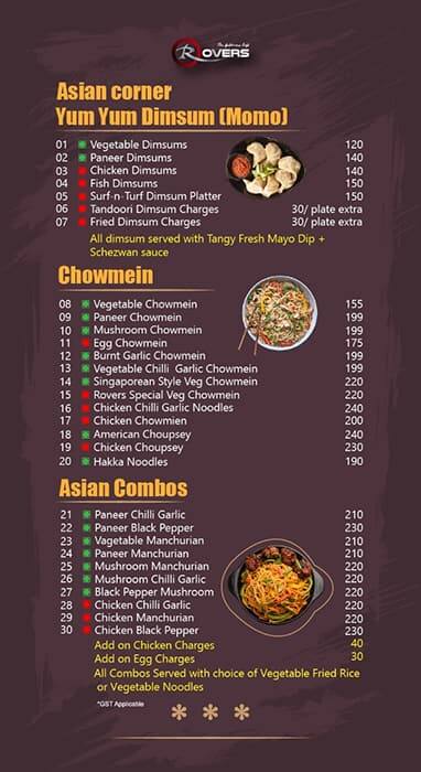 Menu of Rovers, Hazratganj, Lucknow