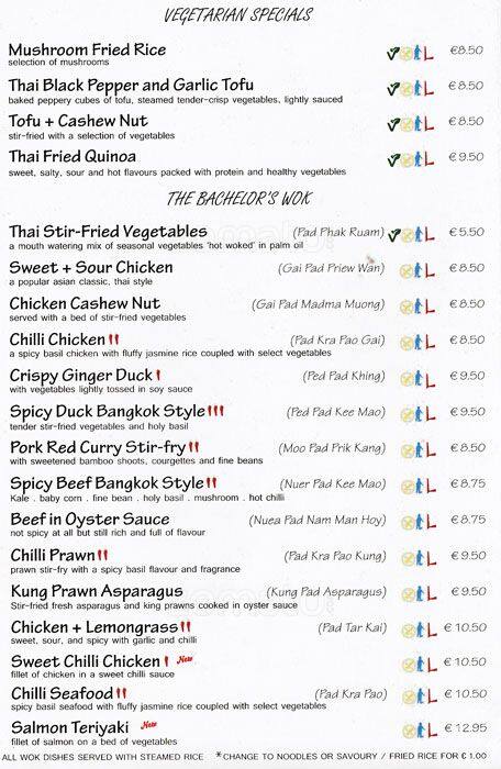 Menu at Bachelors Wok restaurant, Dublin