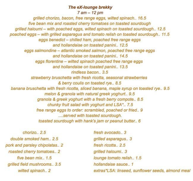Menu at Ex Lounge restaurant, Bronte