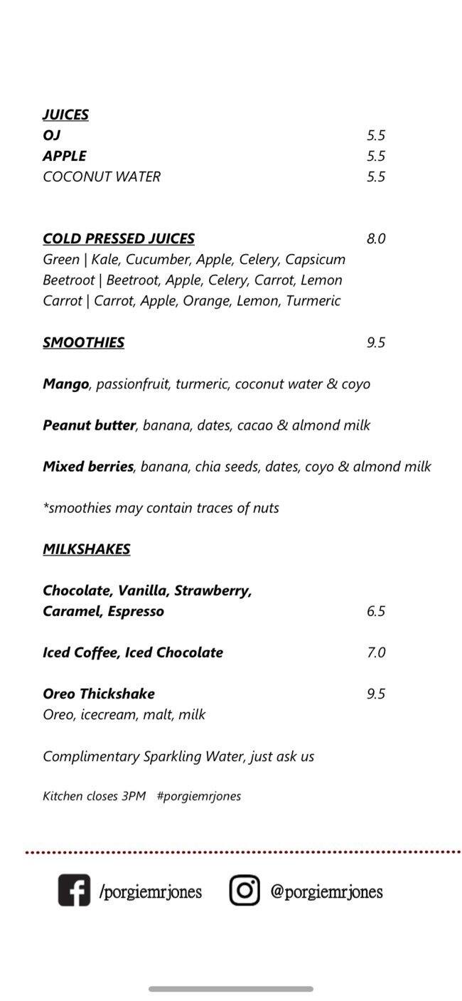 Menu at Porgie & Mr Jones restaurant, Hawthorn