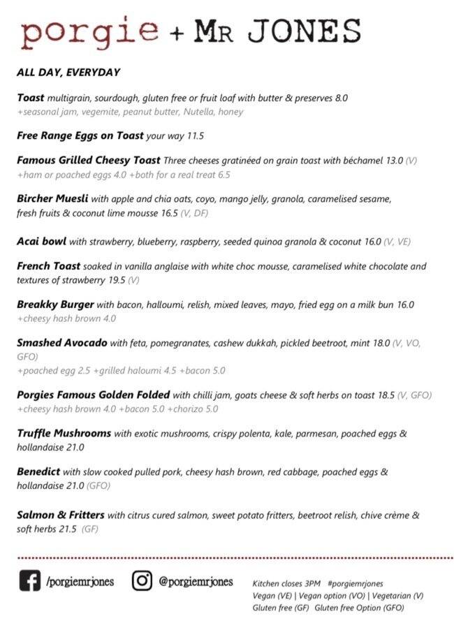 Menu at Porgie & Mr Jones restaurant, Hawthorn