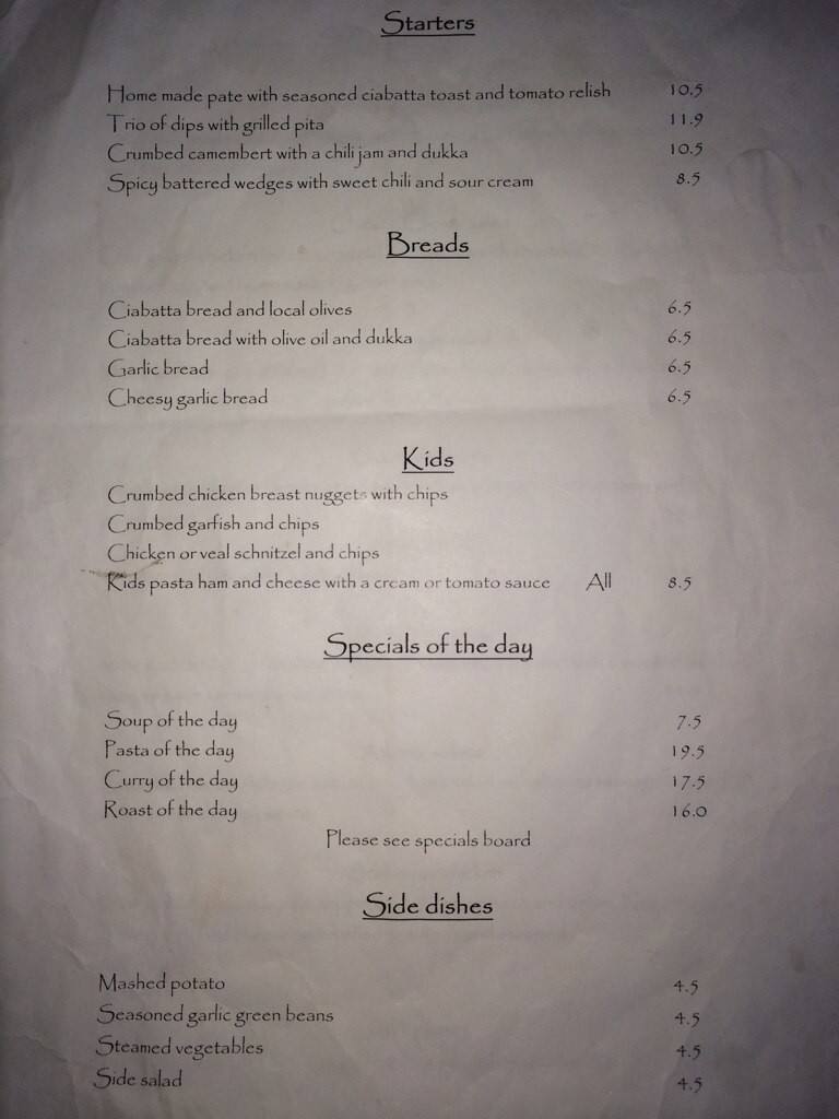 Menu at Old Bush Inn restaurant, Willunga