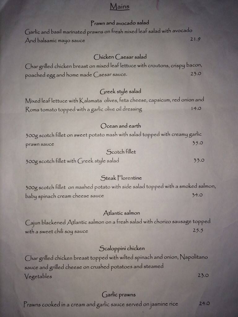 Menu at Old Bush Inn restaurant, Willunga