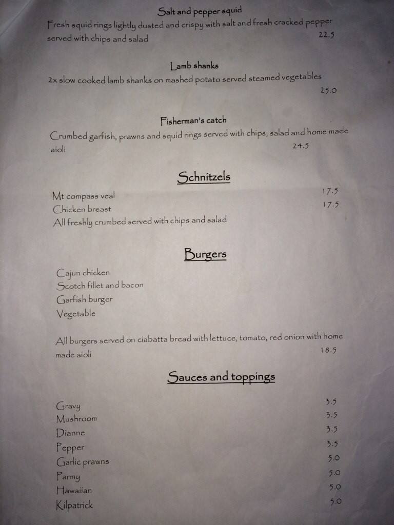 Menu at Old Bush Inn restaurant, Willunga
