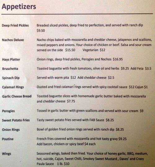 Menu at Summerhays Grill restaurant, Ottawa