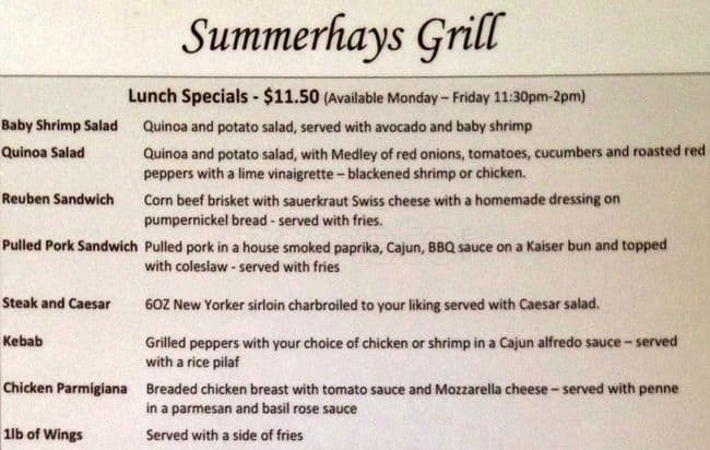 Menu at Summerhays Grill restaurant, Ottawa
