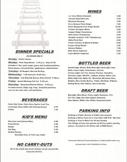 Menu at Tracks pub & bar, Cary