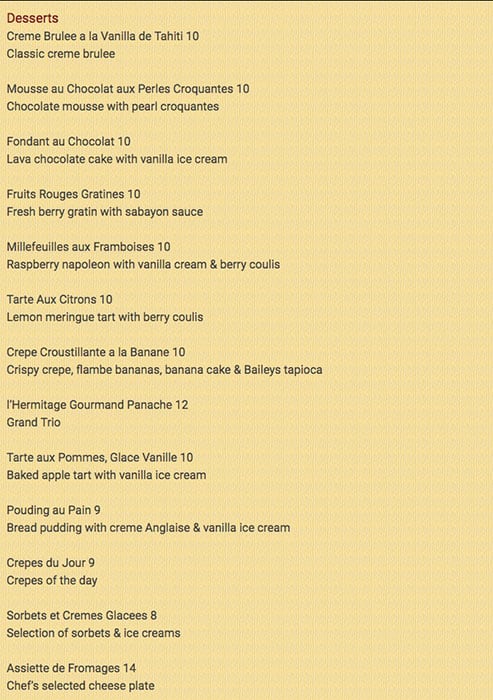 Menu at Bistro L'Hermitage restaurant, Woodbridge