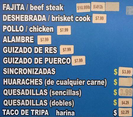 Menu at La Michoacana Meat Market, Grand Prairie, 202 W Pioneer Pkwy