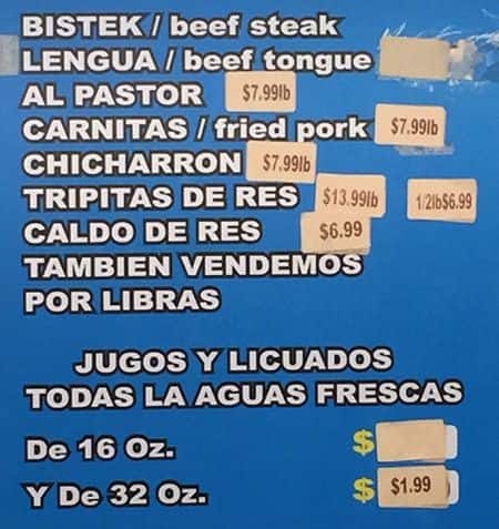 Menu at La Michoacana Meat Market, Grand Prairie, 202 W Pioneer Pkwy