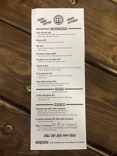 Menu at Bravas restaurant, Fort Wayne, Fairfield Ave