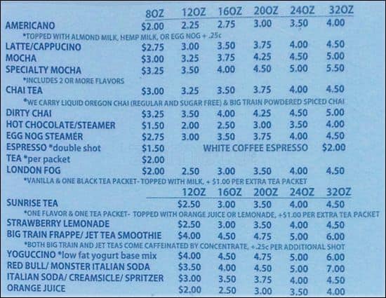 Menu at Bickford Espresso cafe, Snohomish