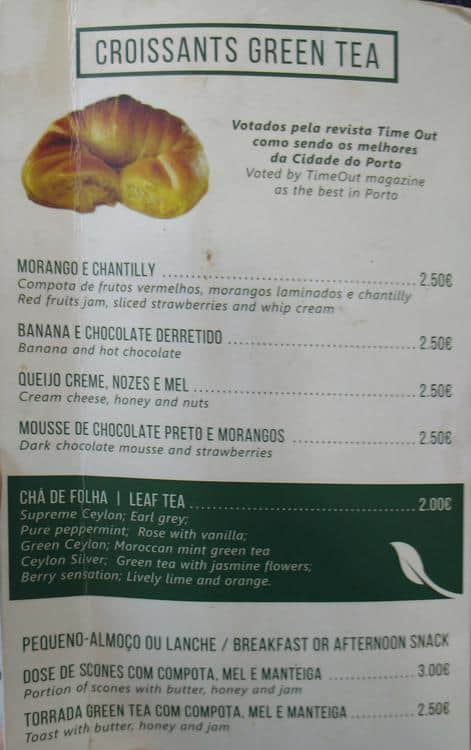 Menu at Green Tea cafe, Porto, Av. da França 104