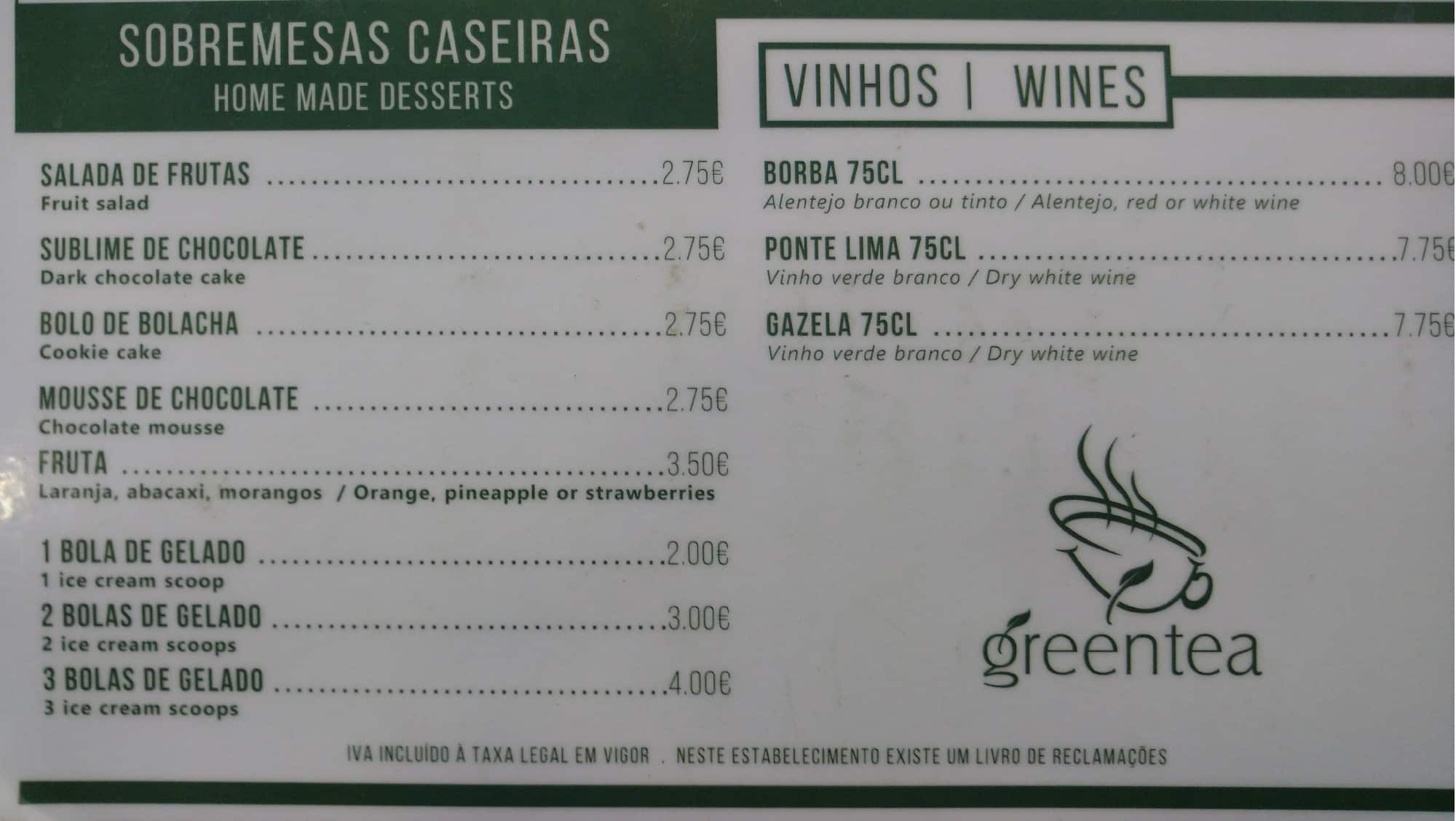 Menu at Green Tea cafe, Porto, Av. da França 104