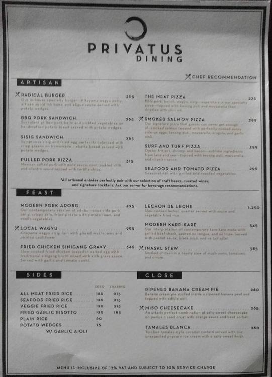 Menu at Privatus restaurant, Pasig