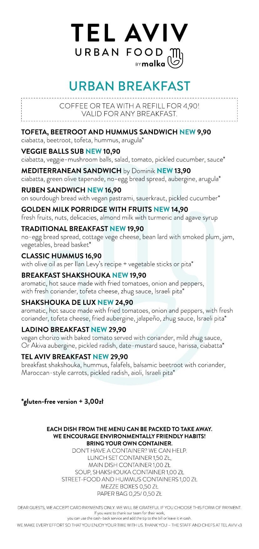 Menu at Tel Aviv Urban Food restaurant, Warsaw, Adama Mickiewicza 19