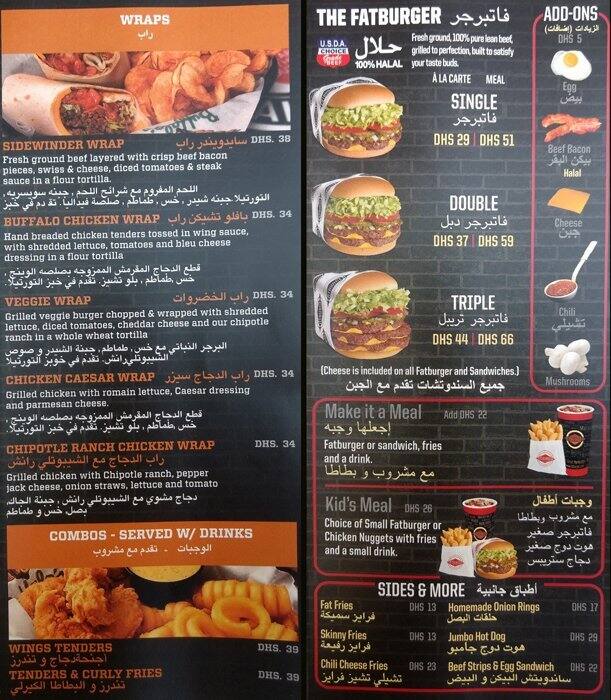 Menu at Fatburger restaurant, Dubai, Dubai Mall