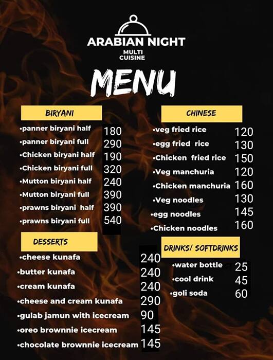 Menu of Arabian Night Multi Cuisine, Narapally, Hyderabad