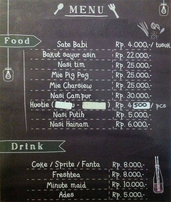 Menu at PIG PG restaurant, Jakarta