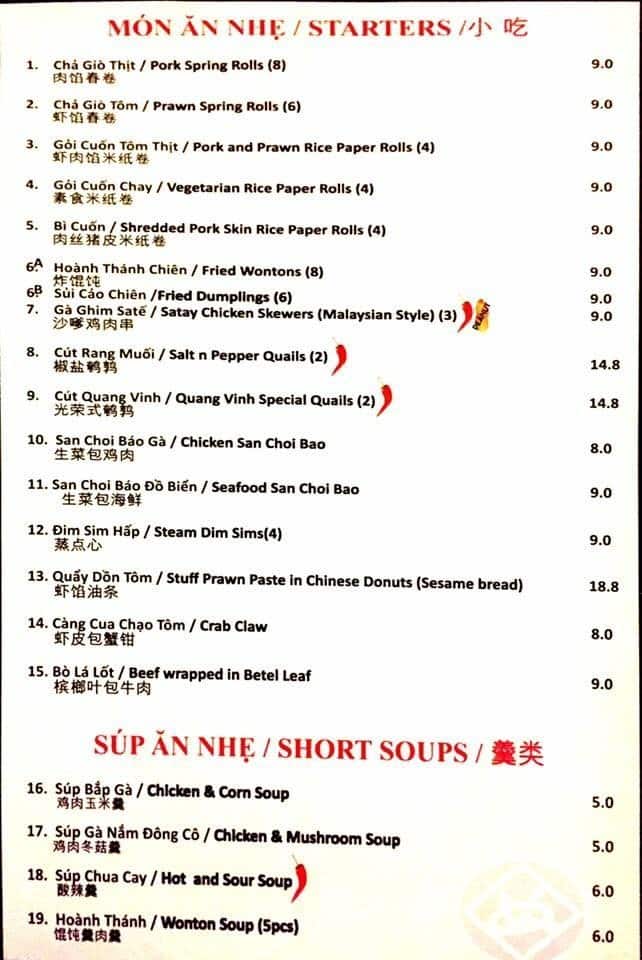 Menu at Quang Vinh restaurant, Saint Albans, 66 Alfrieda St