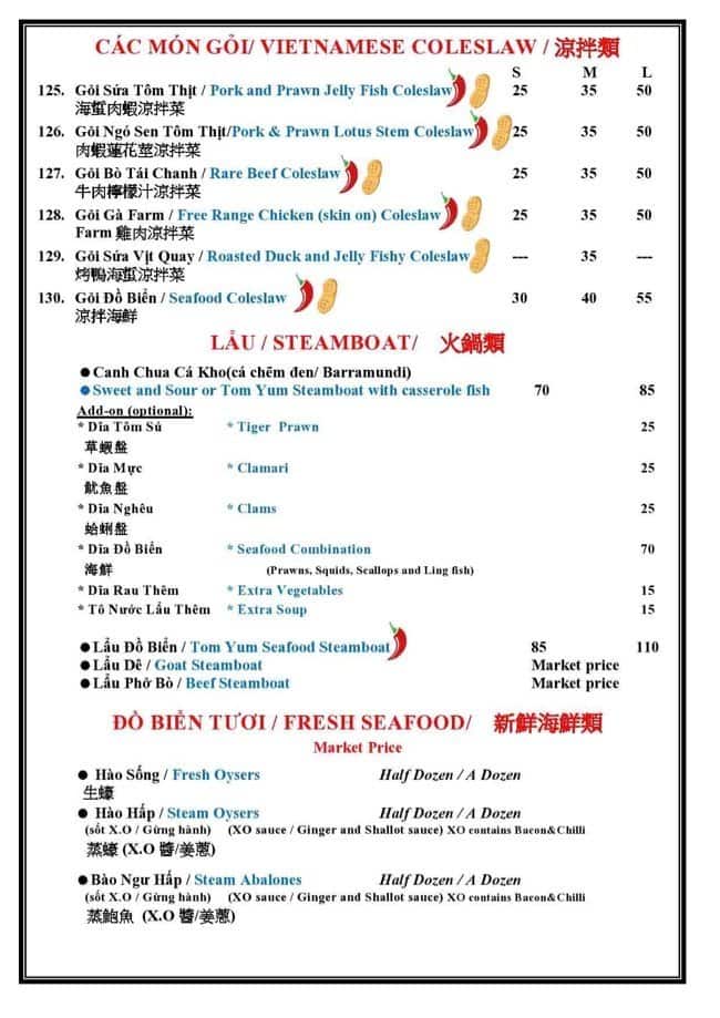 Menu at Quang Vinh restaurant, Saint Albans, 66 Alfrieda St