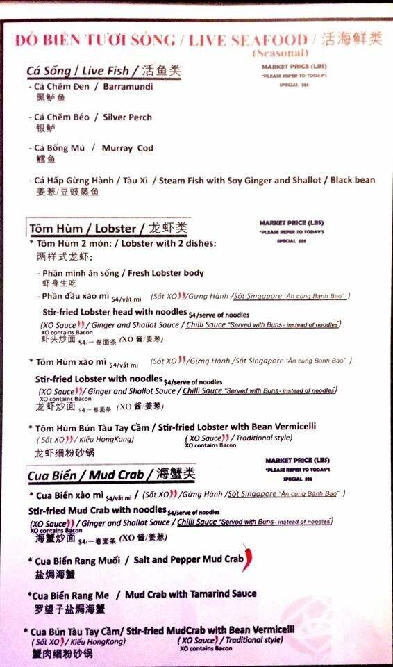 Menu at Quang Vinh restaurant, Saint Albans, 66 Alfrieda St