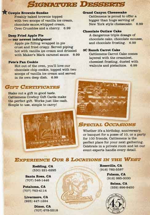 Menu at Cattlemens steakhouse, Santa Rosa, Midway Dr