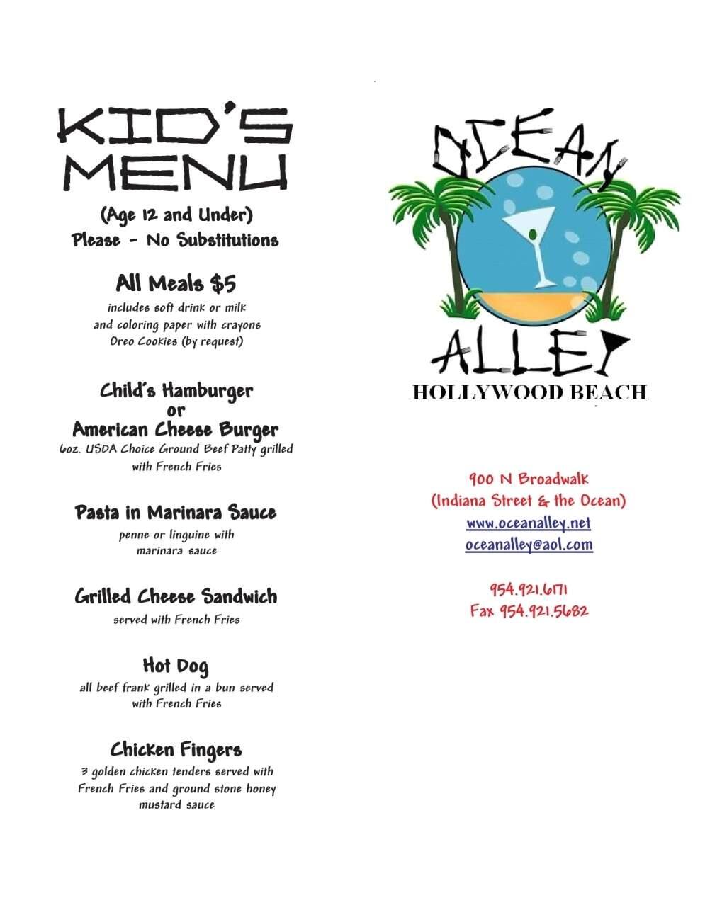 Menu at Ocean Alley Restaurant & Beach Bar, Hollywood