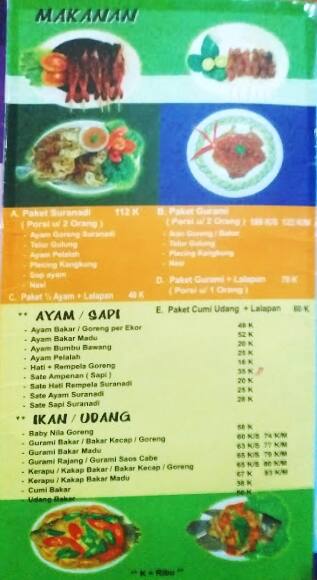 Menu at Puri Suranadi restaurant, Denpasar
