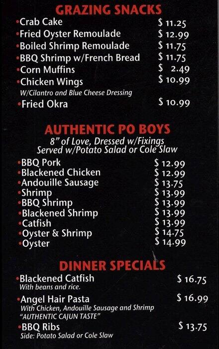 Menu at Gumbo House restaurant, Anchorage, 611 W 9th Ave