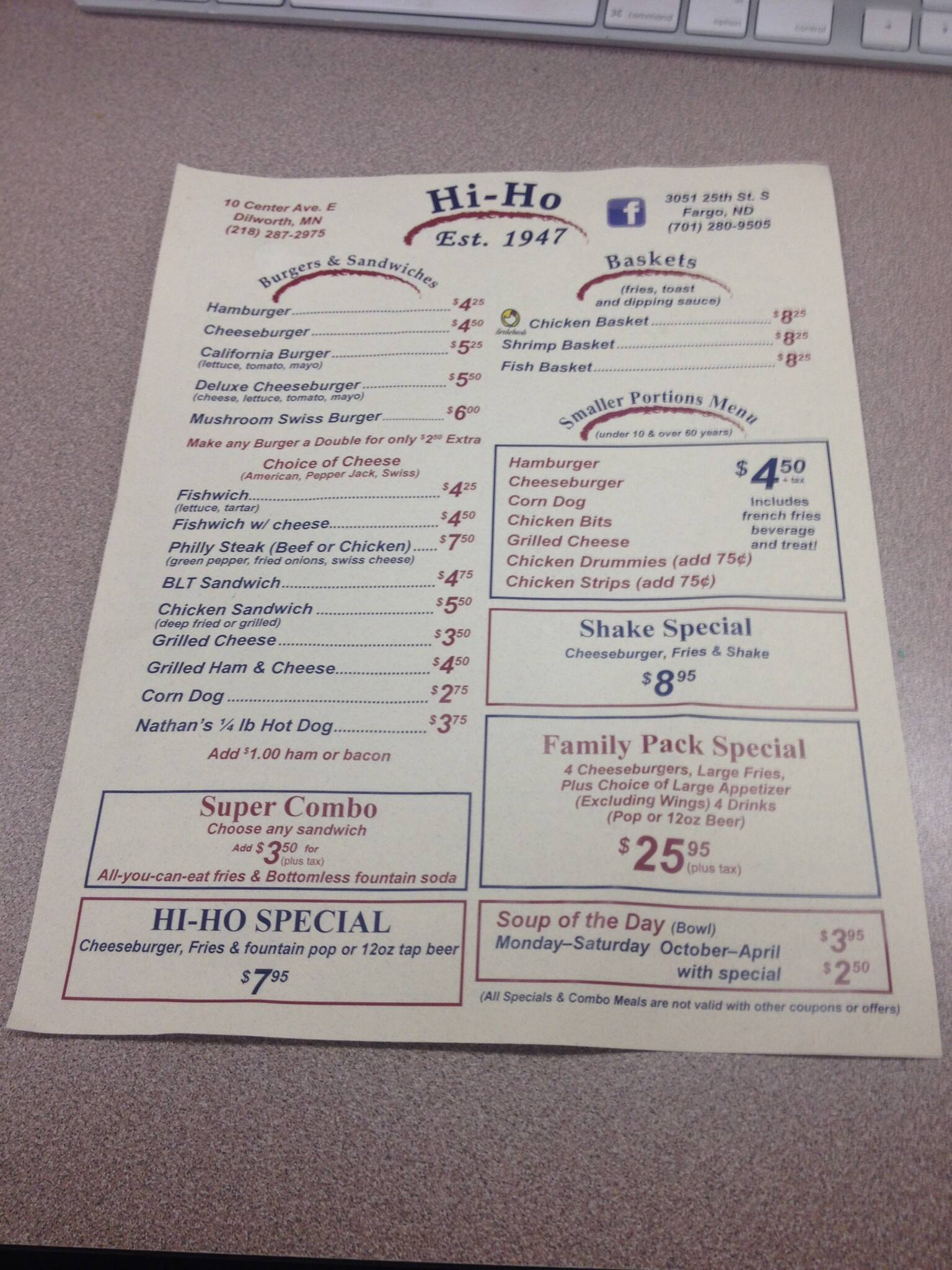 Menu at Dilworth Hi-Ho Burgers & Brews restaurant, Dilworth