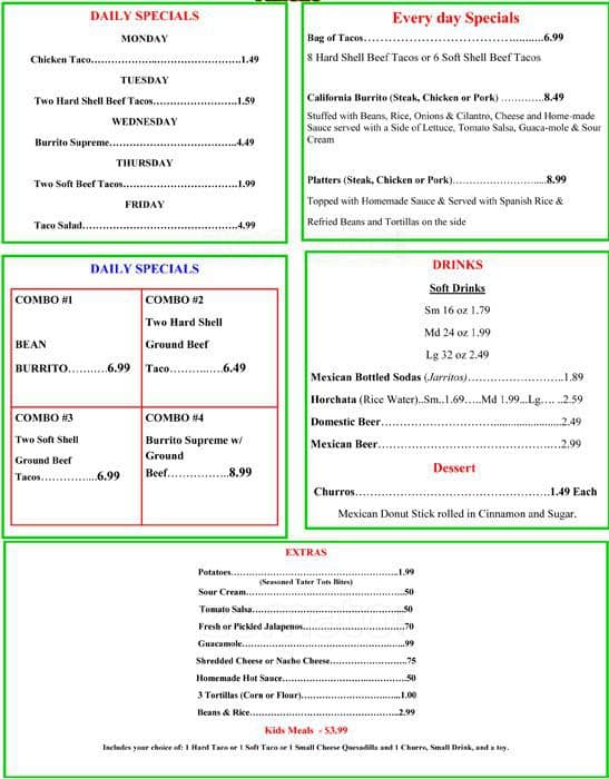 Menu at Pancho Tacos restaurant, Fort Worth