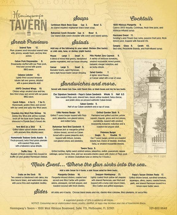 Menu at Hemingway's Tavern restaurant, Melbourne, W Hibiscus Blvd Suite 115