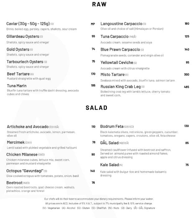 Menu of GAL, Downtown Dubai, Dubai