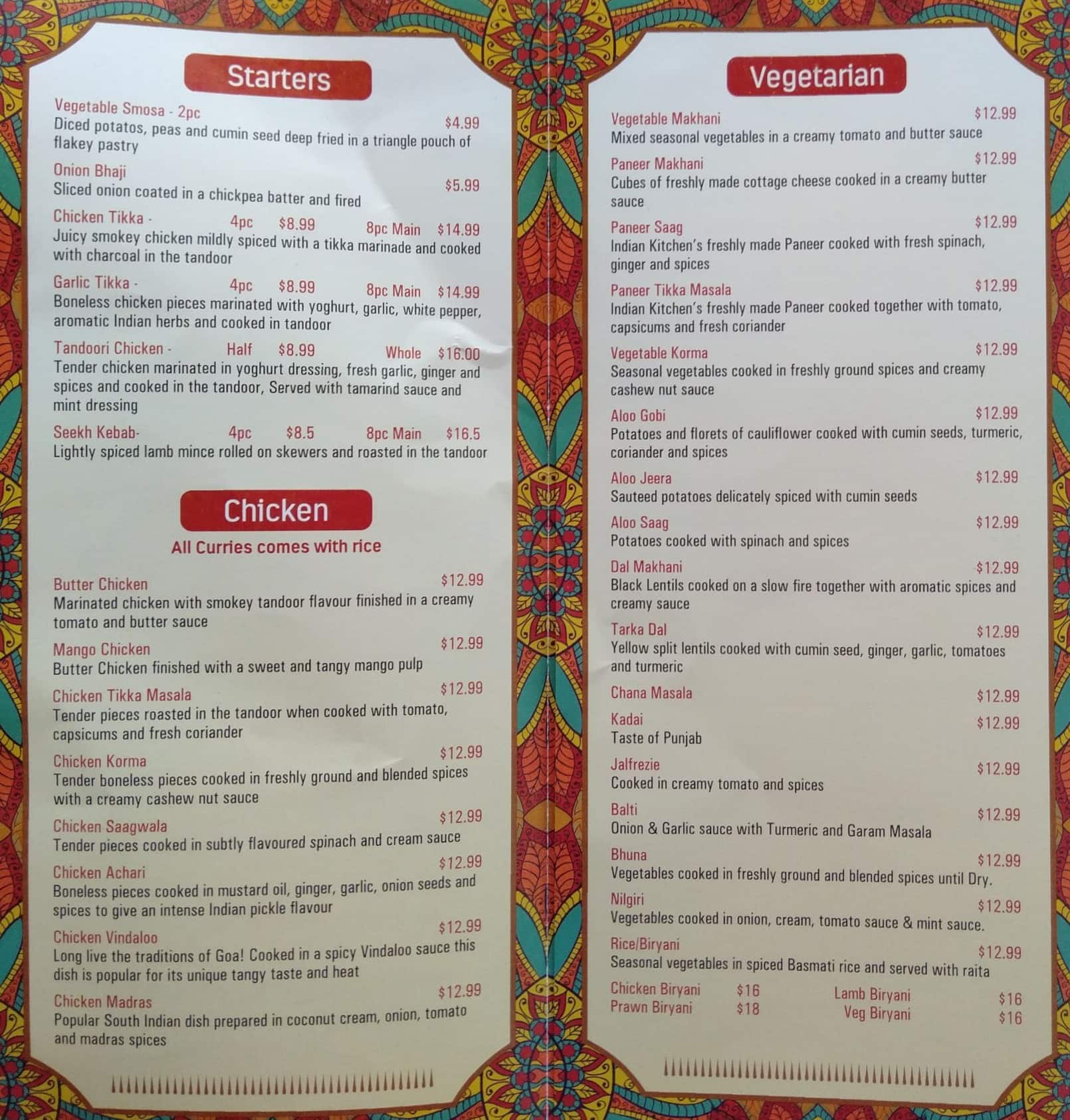 Menu at East India restaurant, Auckland