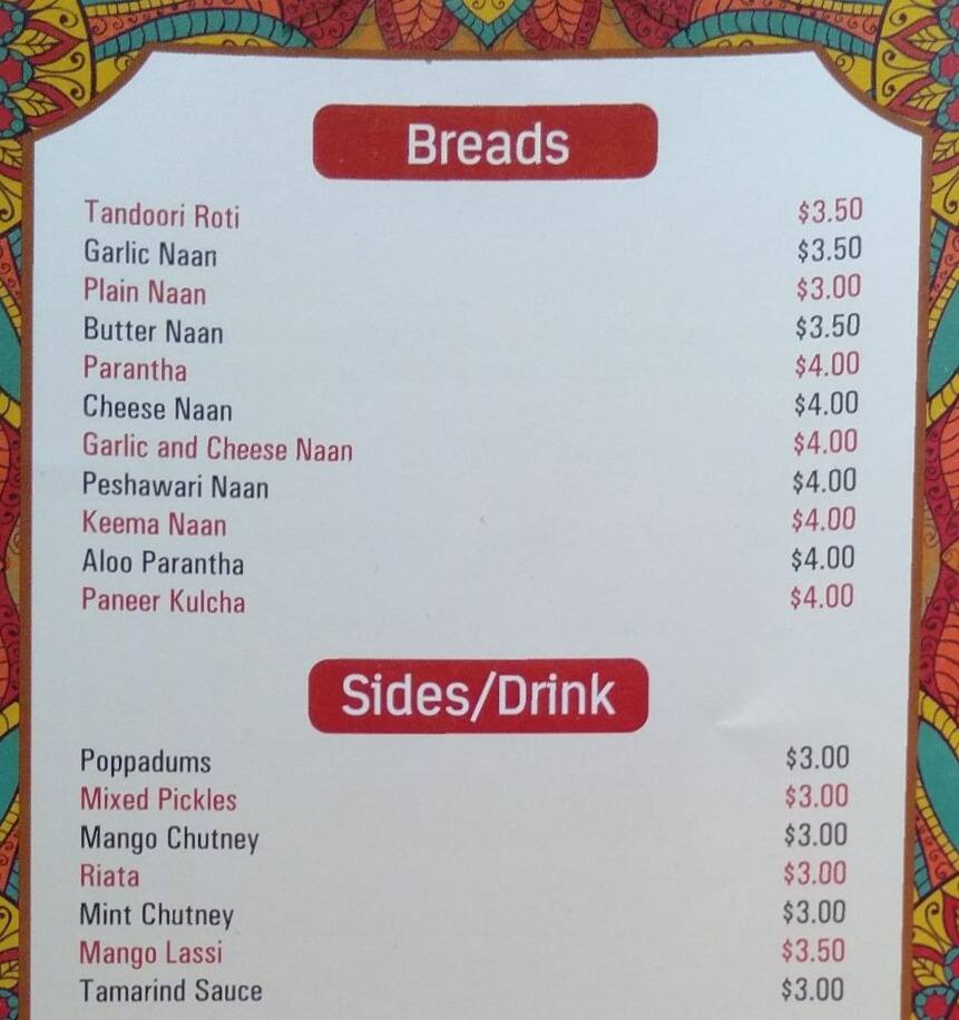 Menu at East India restaurant, Auckland