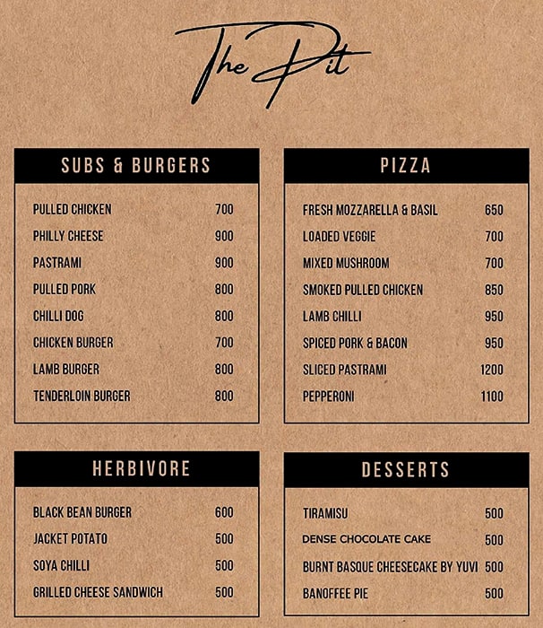 Menu of The Pit, DLF Phase 5, Gurgaon