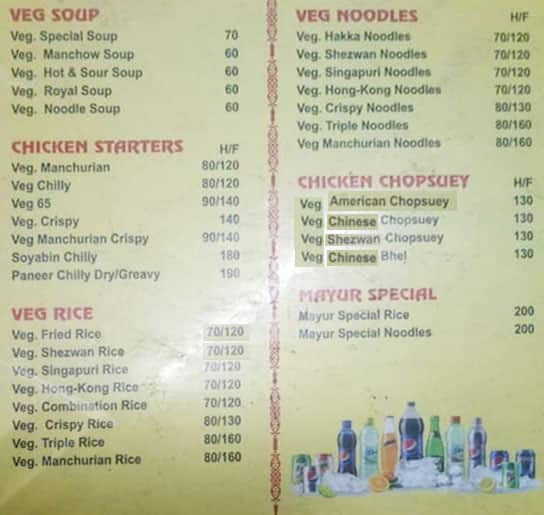 Menu of Mayur Hotel, Expressway, Pune